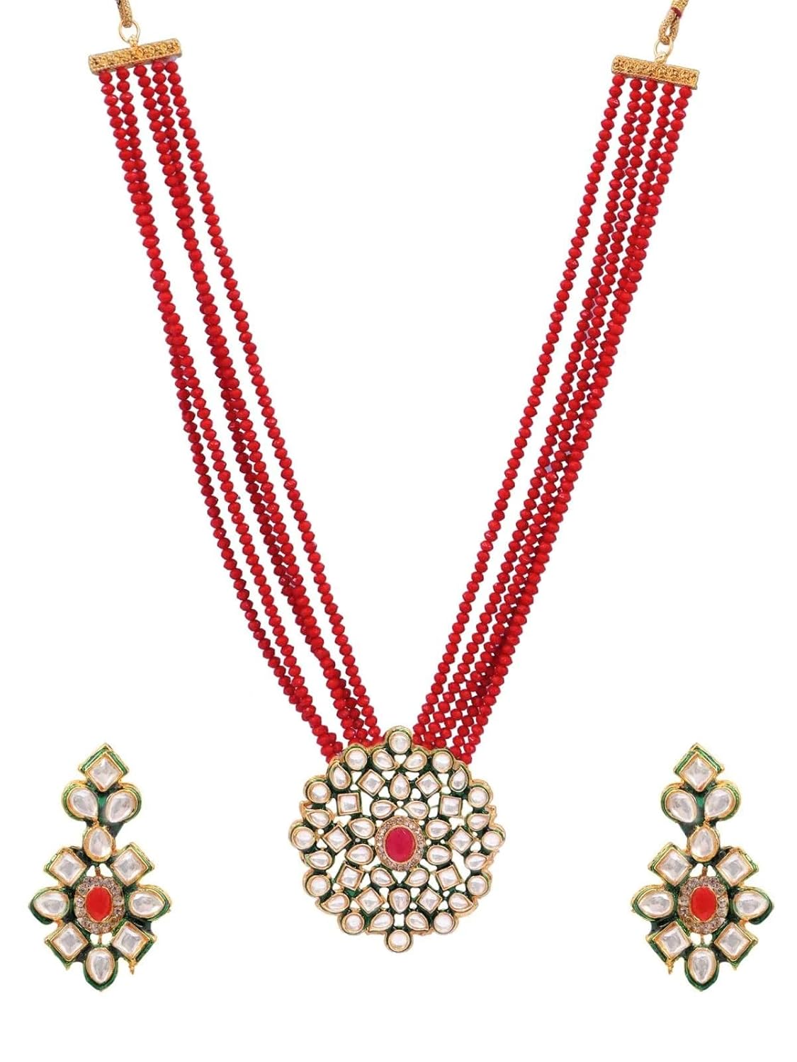 Buy EEEZEEE Red Multi Layers Beaded Crystal Pendal Jewellery Set For ...