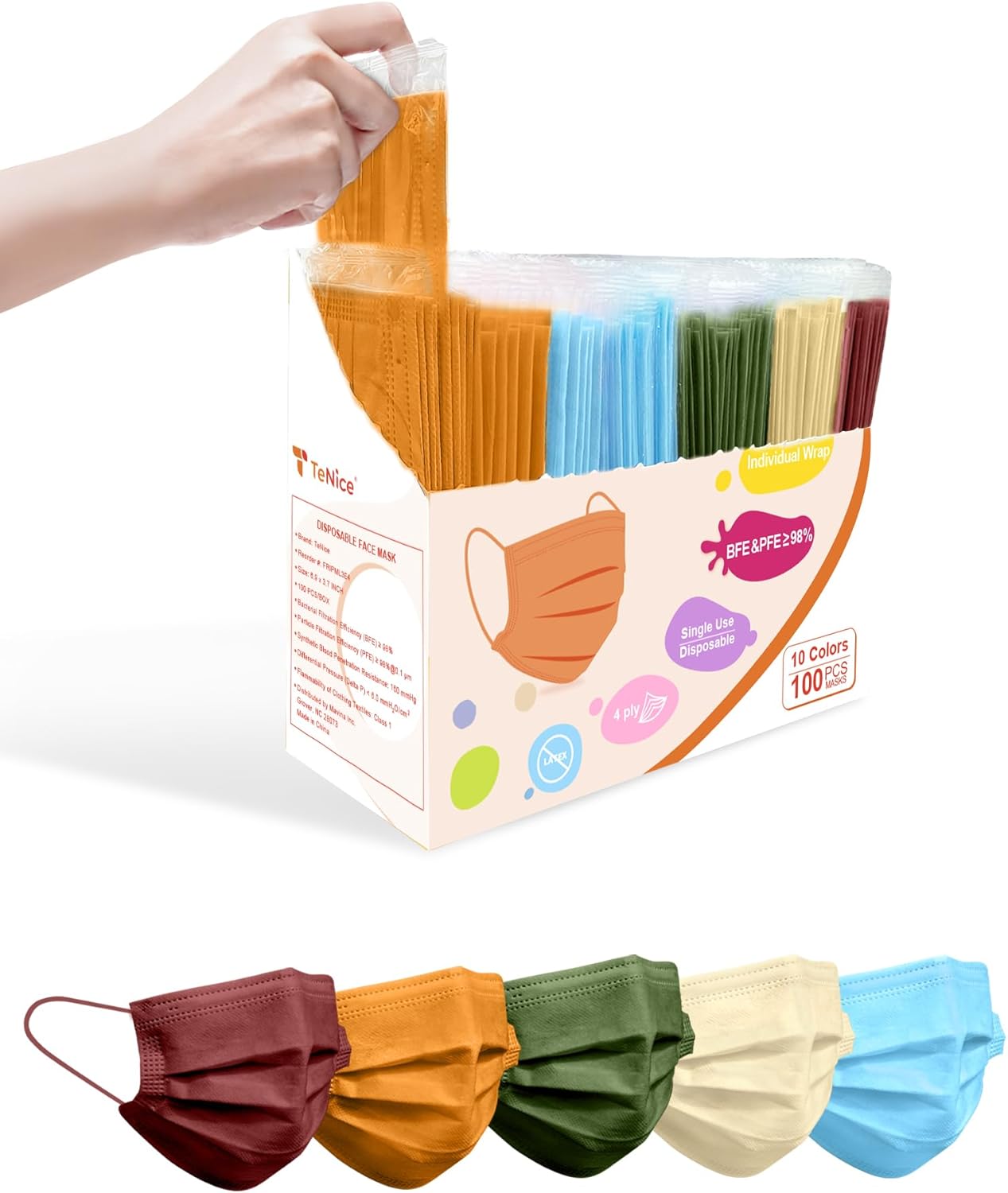 TeNice Face Masks Disposable 100 Pack, Colorful Mask for Adult, HSA FSA ...