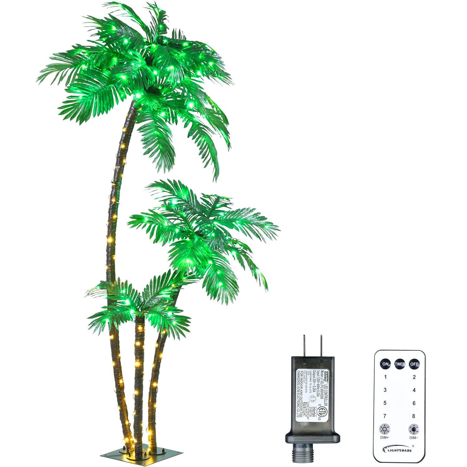 LIGHTSHARE Lighted 6FT Gorgeous Palm Tree 3Trunks Artificial Palm Tree ...