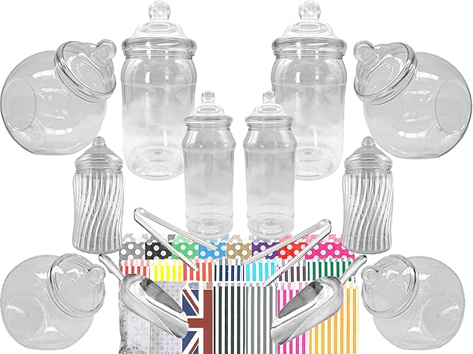 LARGE 10 MIXED Plastic Sweet Jars, 2 Tongs, 2 Scoops, 100 Bags ...