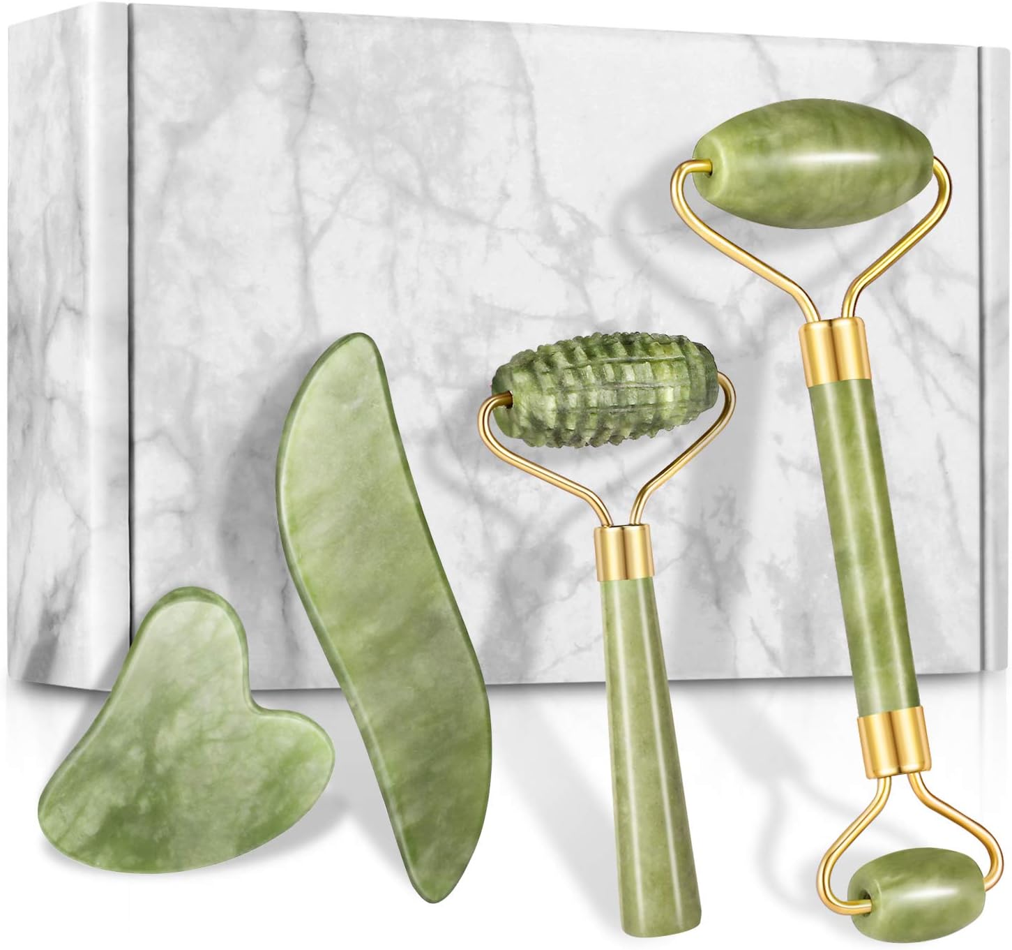 Amazon.com: 4-pcs Jade Roller & Gua Sha Set, Facial Roller Massager ...