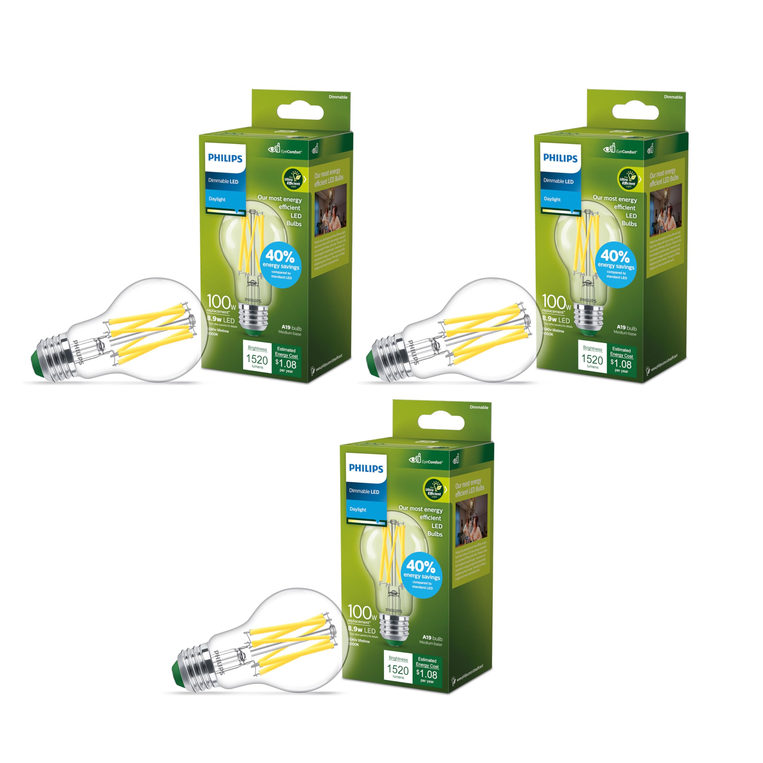 Amazon.com: PHILIPS A19 Ultra Efficient Clear Dimmable LED Light Bulbs ...