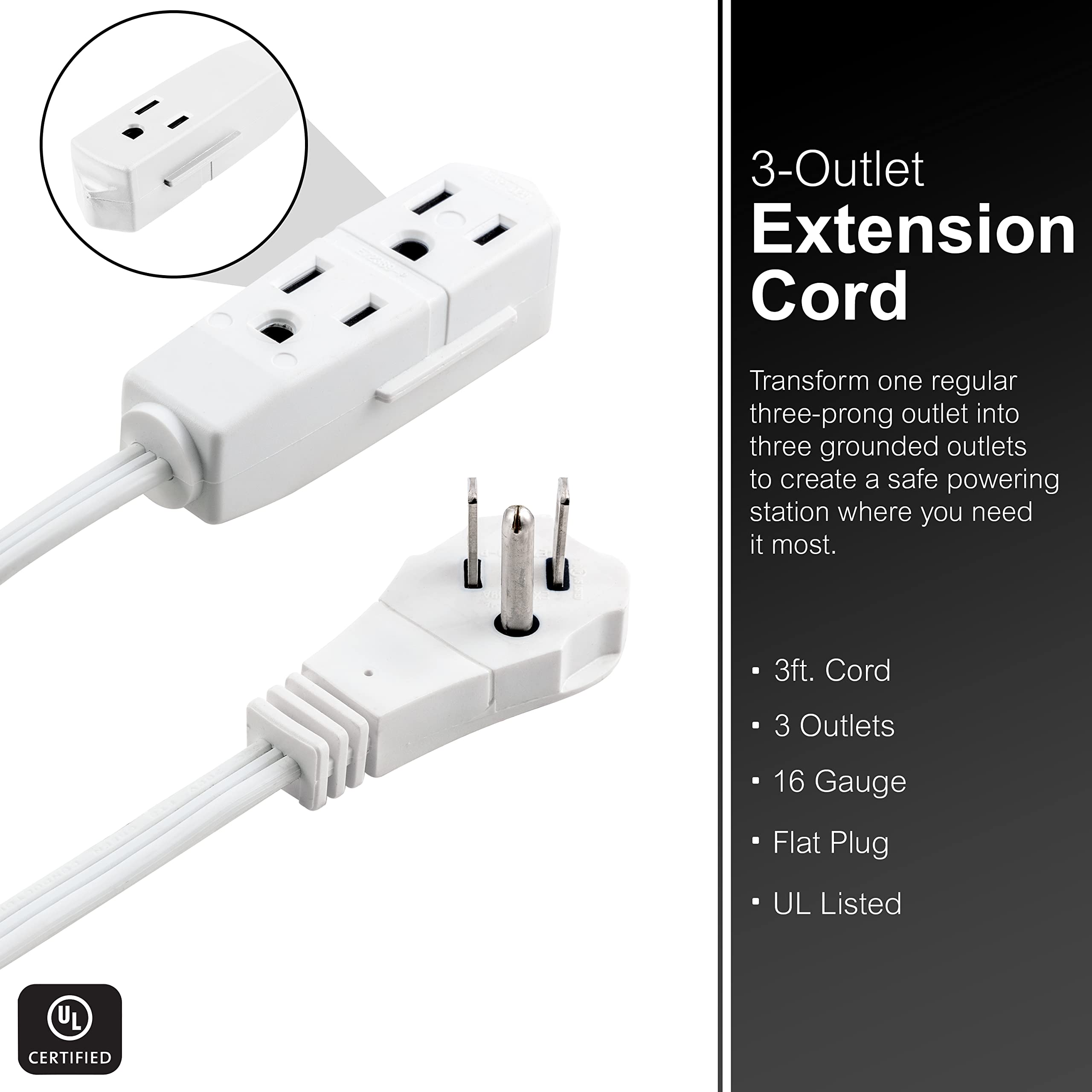 Snapklik.com : GE 3-Outlet Flat Extension Cord 3 Ft Grounded Extension Cord