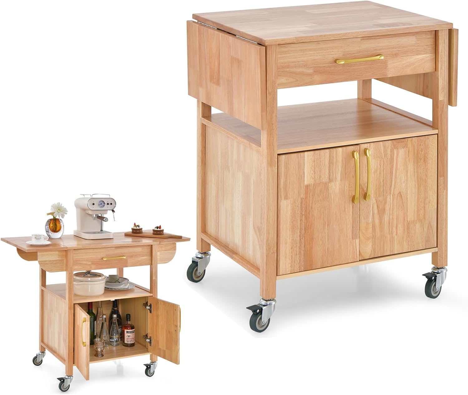 COSTWAY Kitchen Trolley on Wheels, Serving Trolley with Folding Worktop ...