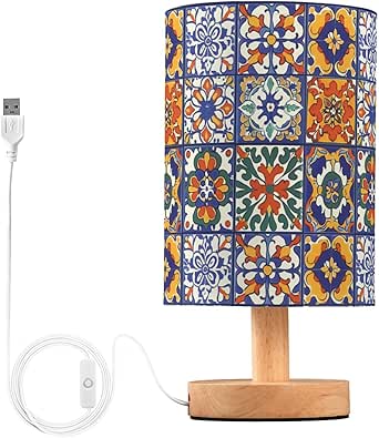 Mexican Tile Patterns Colorful Ethnic Bedside Table Lamps with USB Port ...