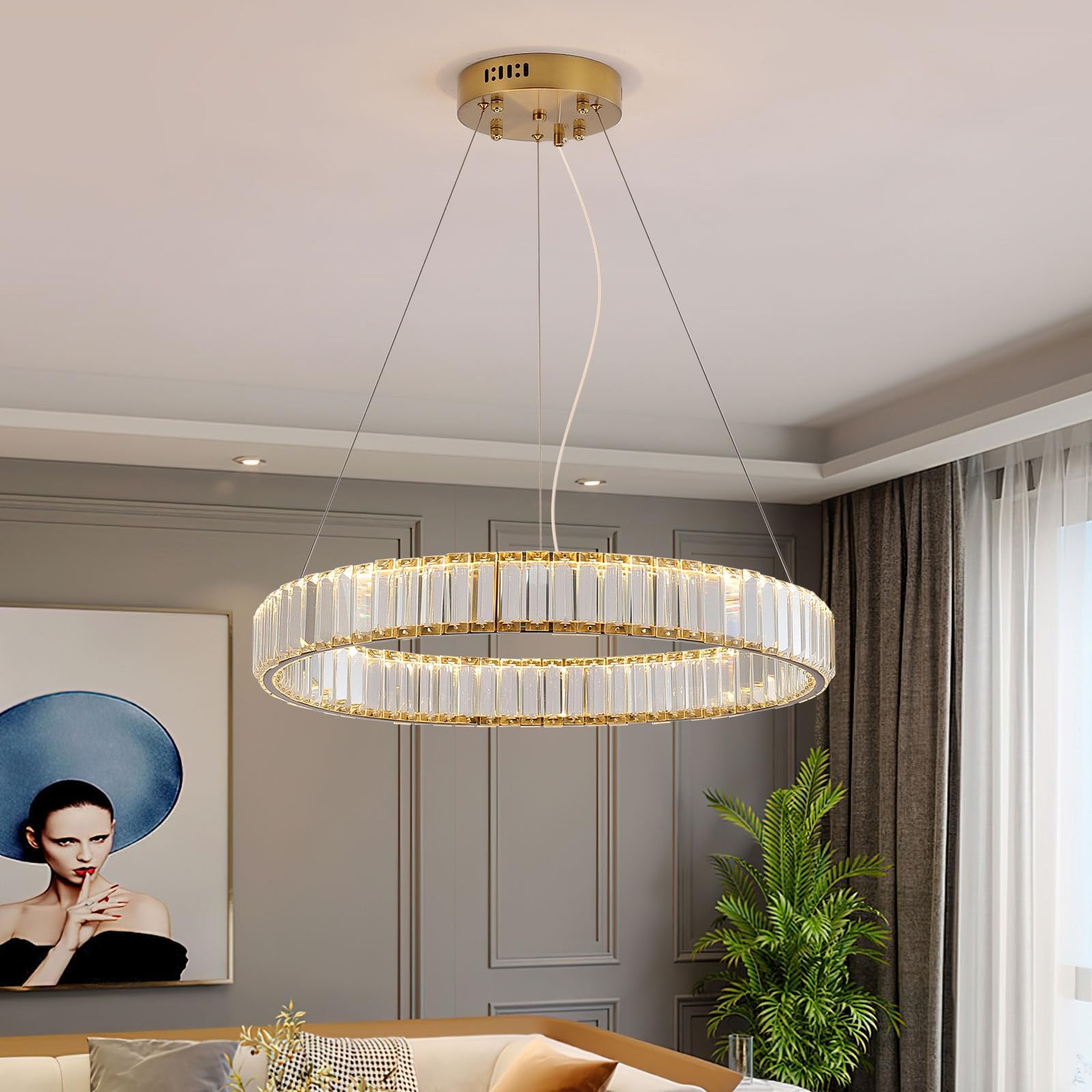 Zunkoglory Modern Crystal Chandelier 24" - Gold Ring Pendant Hanging ...