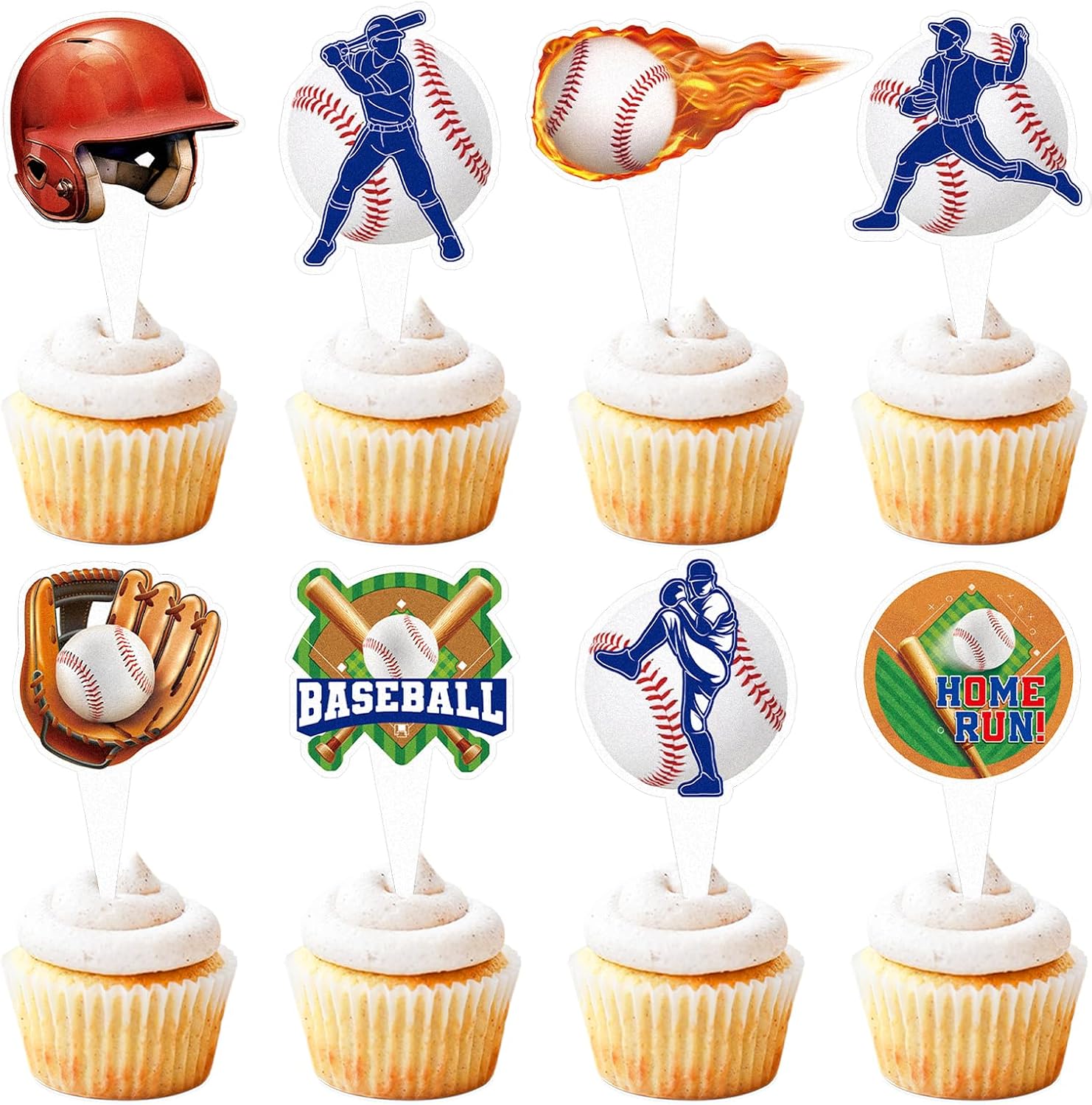 Amazon.com: 32Pcs Double-sided Baseballs Cupcake Toppers Baseball ...