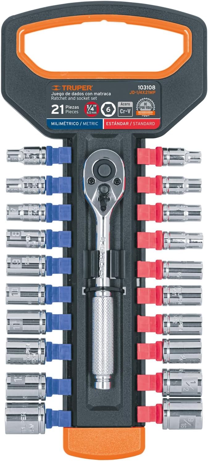 Truper JD-1/4X21MP, Juego de dados milimétricos y estandar con matraca ...