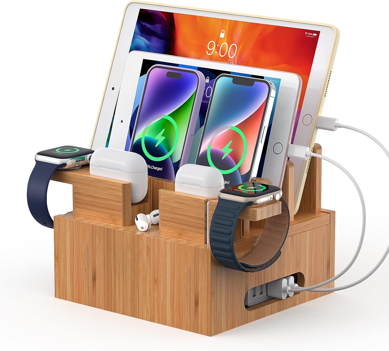 Bamboo Charging Station - Wood Dock Organizer for Cell Phones, Tablets ...