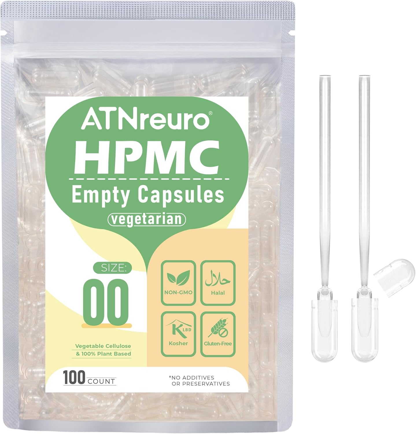Amazon.com: ATNreuro 00 Empty Vegan Capsules with 2 Micro Spoons - 100 ...