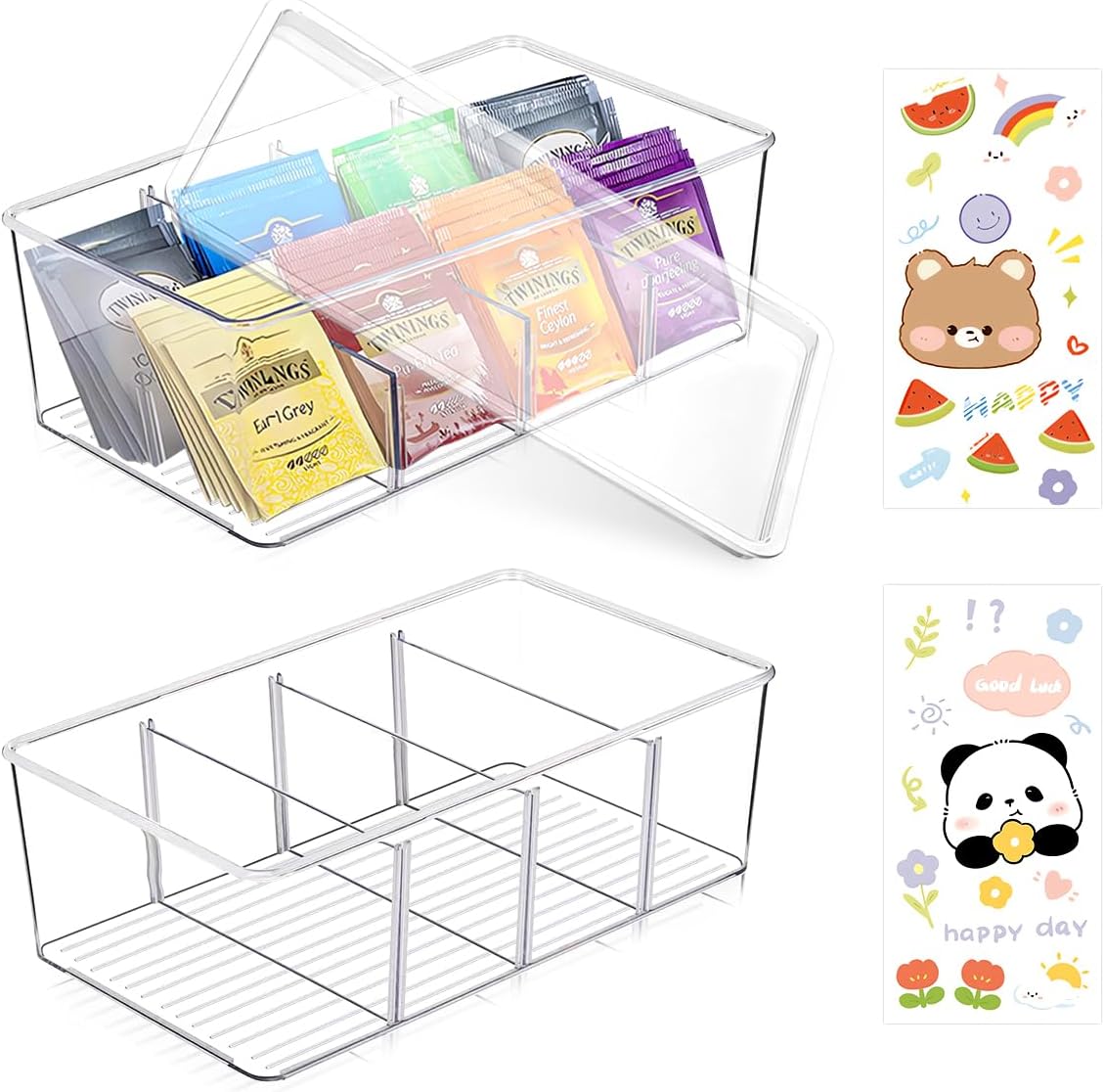 Amazon.com: 2 Pcs Plastic Tea Box, Clear Lid Tea Bag Storage with 4 ...