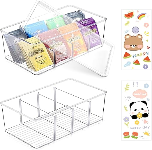 Amazon.com: 2 Pcs Plastic Tea Box, Clear Lid Tea Bag Storage with 4 ...