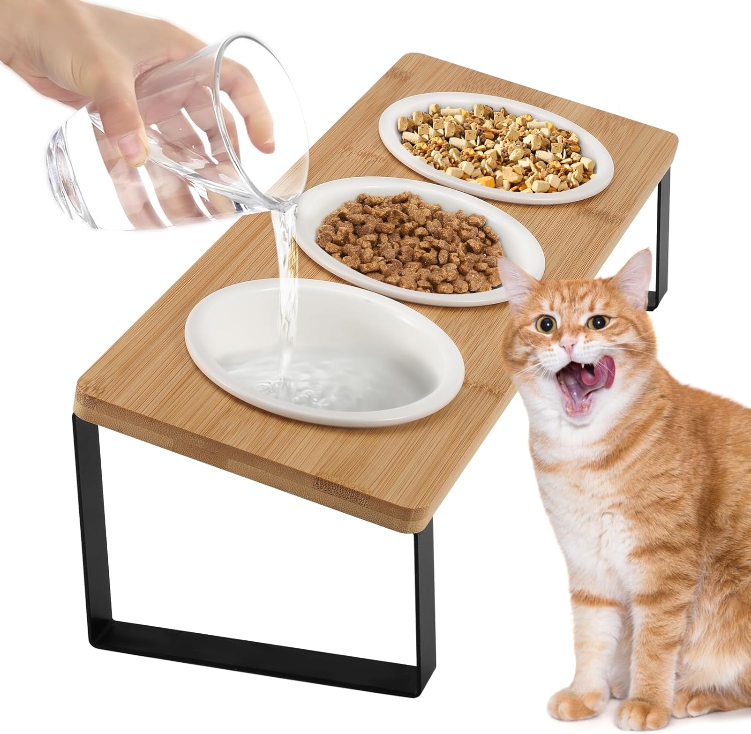 3PCS Cat Bowl, Ceramic Cat Food Bowls With 15°Tilted Wood Stand ...