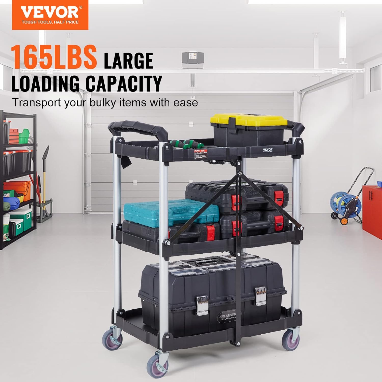 VEVOR Foldable Utility Service Cart, 3 Shelf 165LBS Heavy Duty Plastic ...
