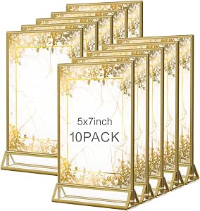 9SHOME 10Pack Acrylic Gold Sign Holders, 5x7 Clear Picture Frames with ...
