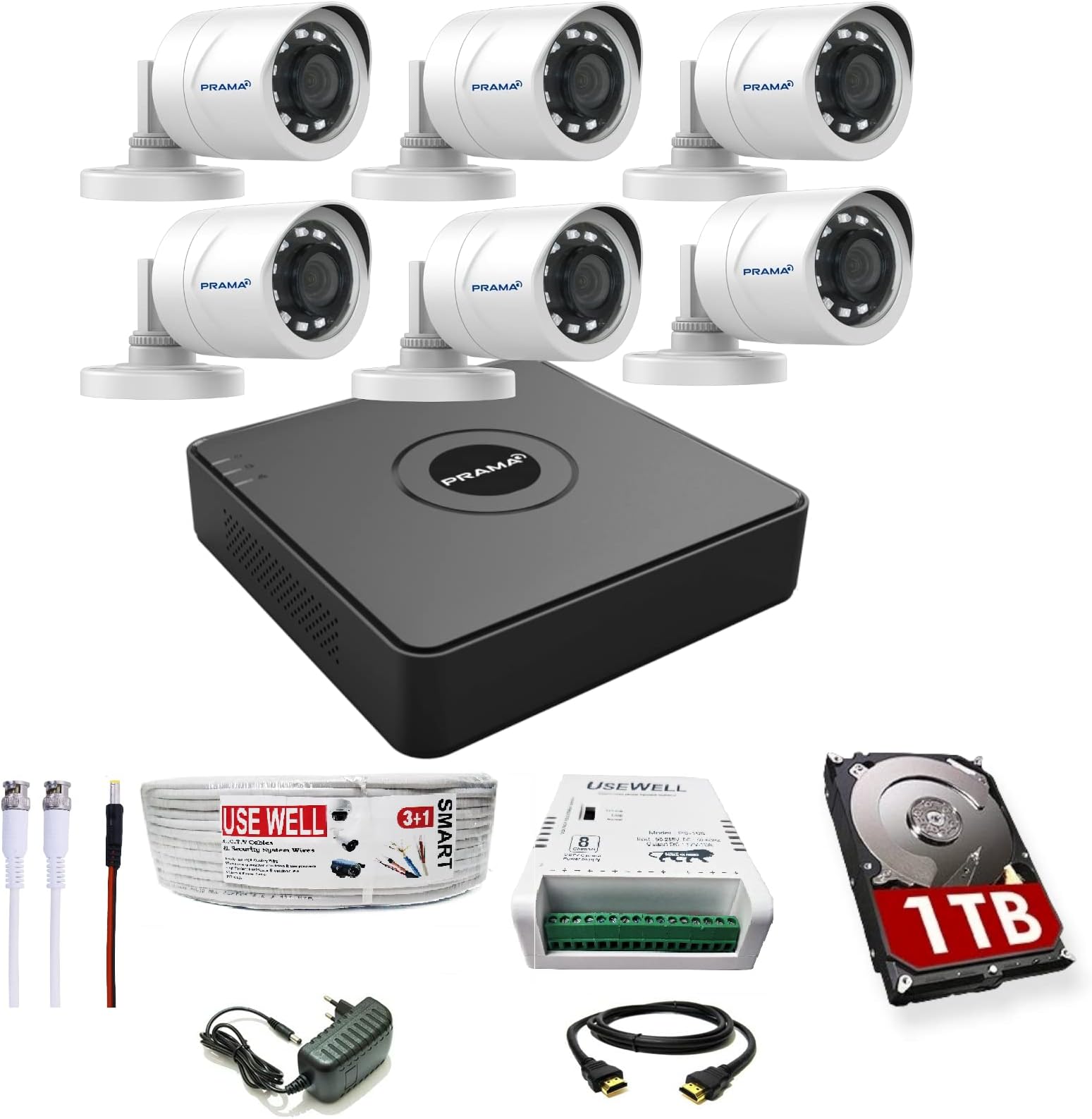 Prama 2MP Full HD CCTV kit with 8 Channel DVR + 6 Outdoor Cameras + 1 ...