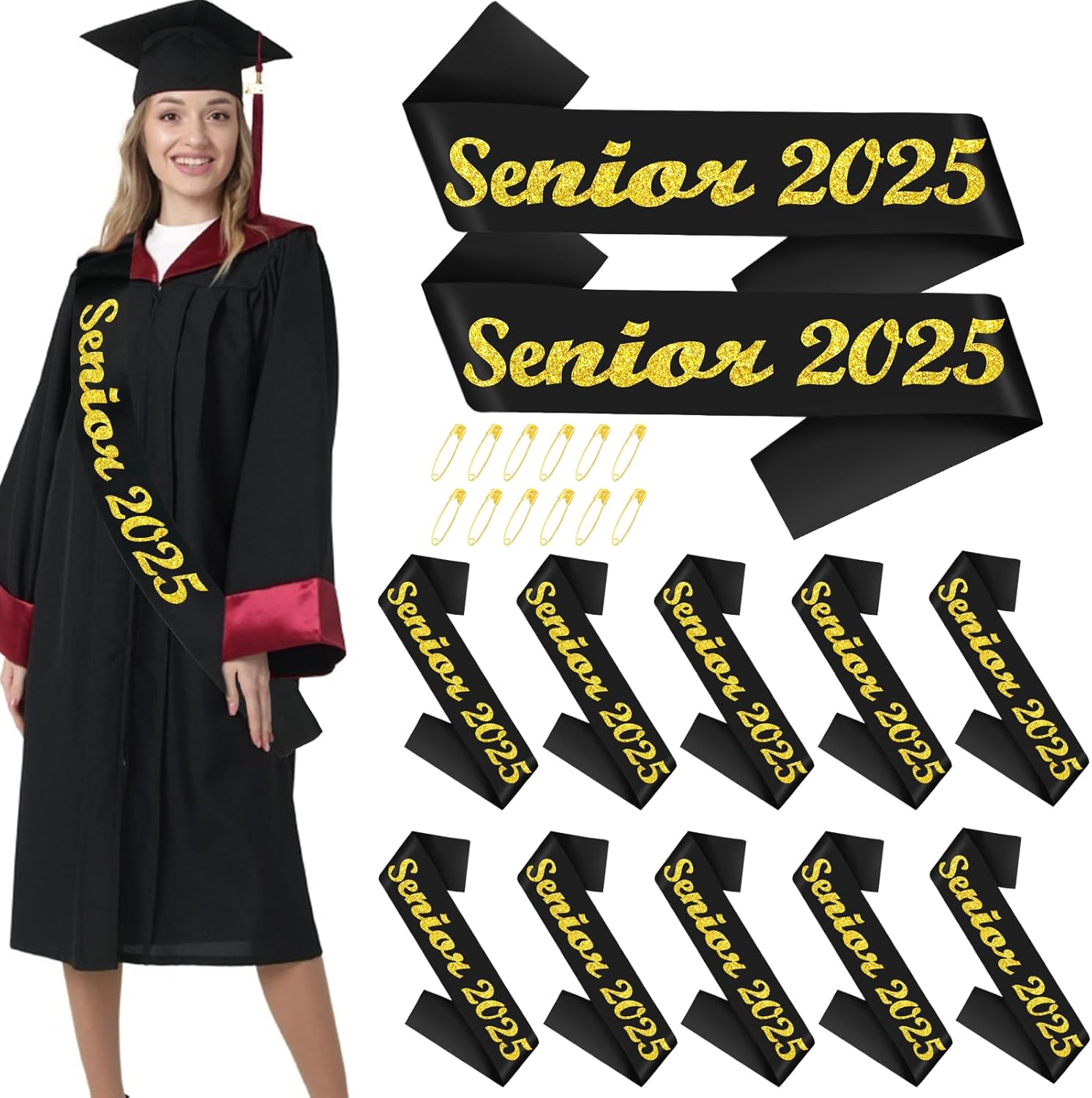 Amazon.com: Generic 12 Pcs Black Senior 2025 Sash with Gold Glitter ...
