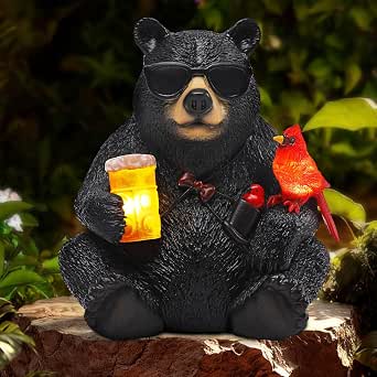YHSOLAR Solar Black Bear Statue for Garden with Beer and Cardinals 6.3 ...