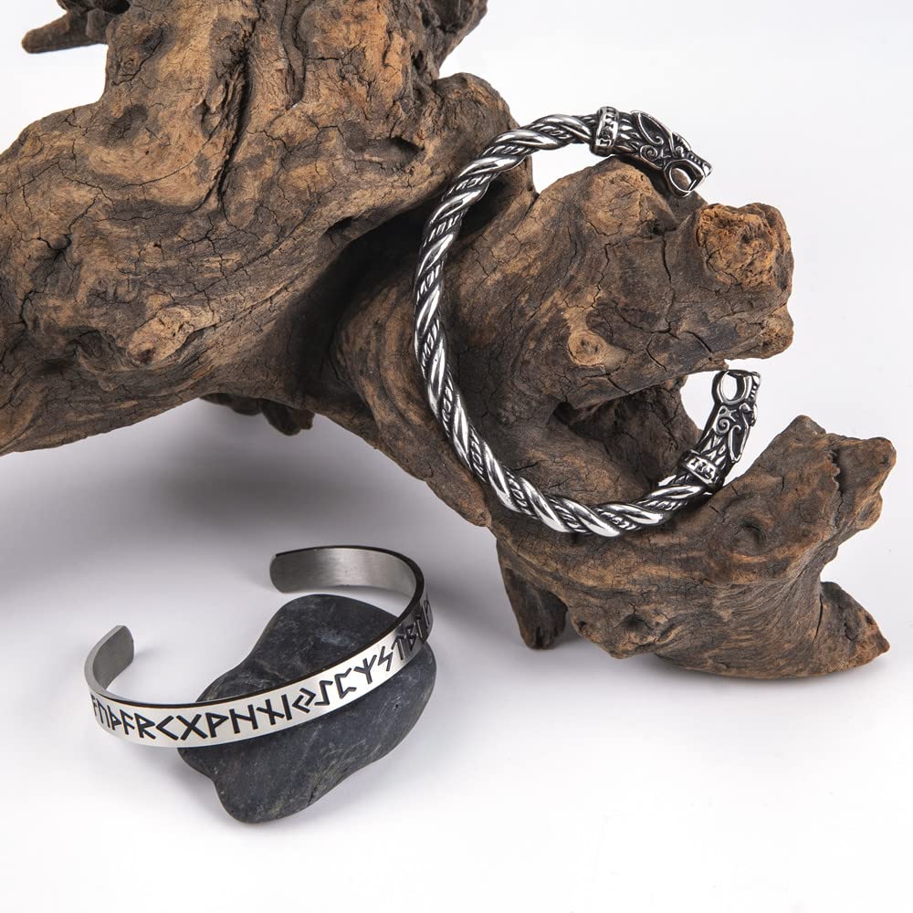 Snapklik.com : Viking Wolf Fenrir Bangle 2 PCS Stainless Steel Norse ...