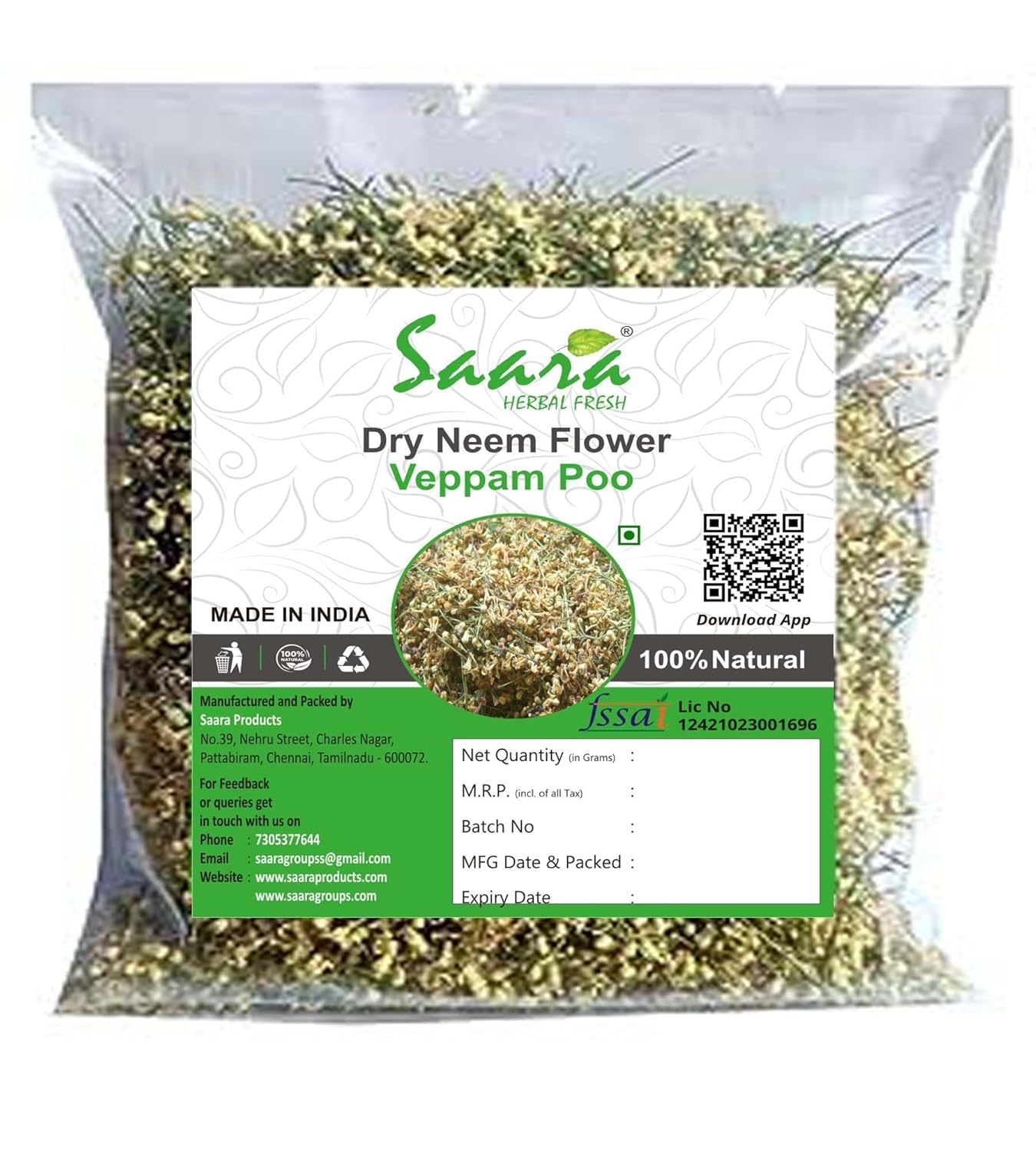 Saara HERBAL FRESH Dried Neem Flower 50g, Dry Veppam Poo, Margosa ...