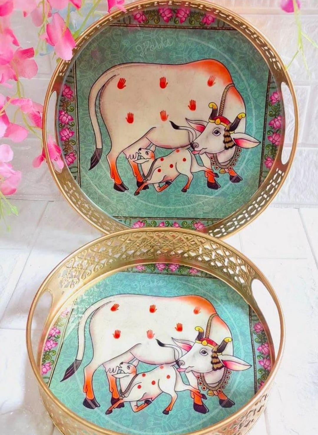 WAM Handicraft Round Tray Set of 2 Cow Purple Pichwai Tray Best for ...