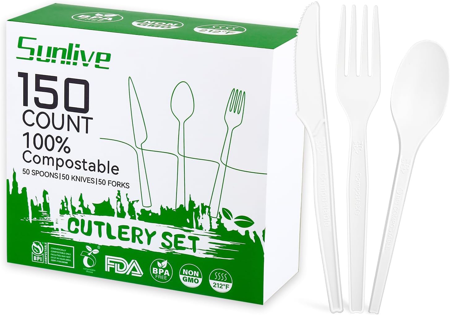 Amazon.com: Sunlive 100% Compostable Cutlery Set, Heavy-weight ...