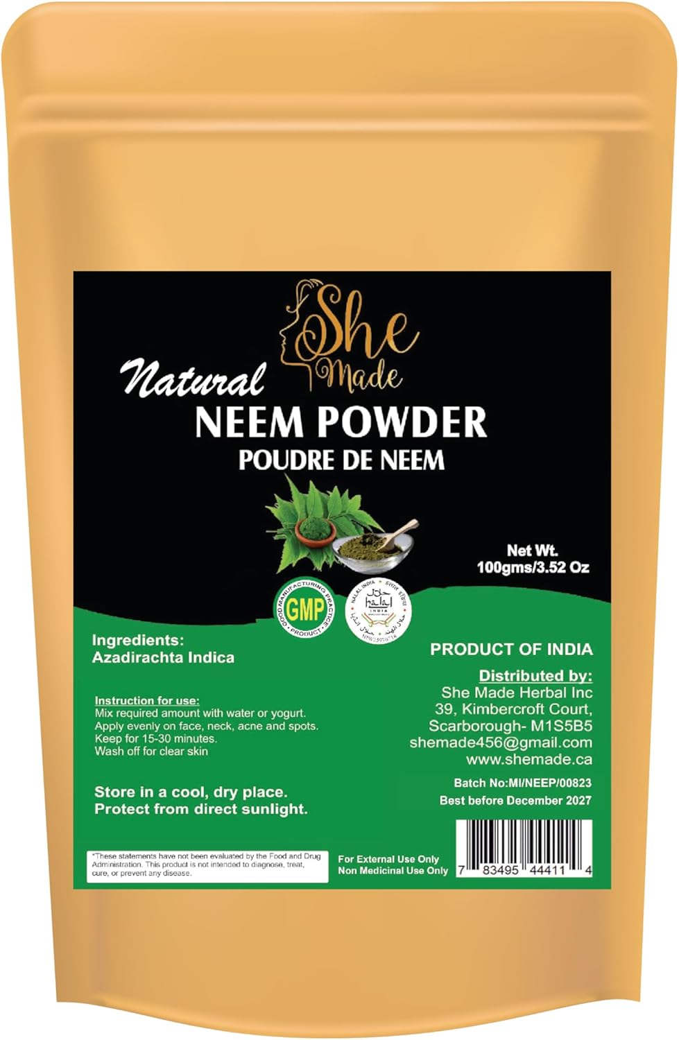 Amazon.com: She Made Natural Neem Powder for Skin | 100gms (3.52 Oz ...