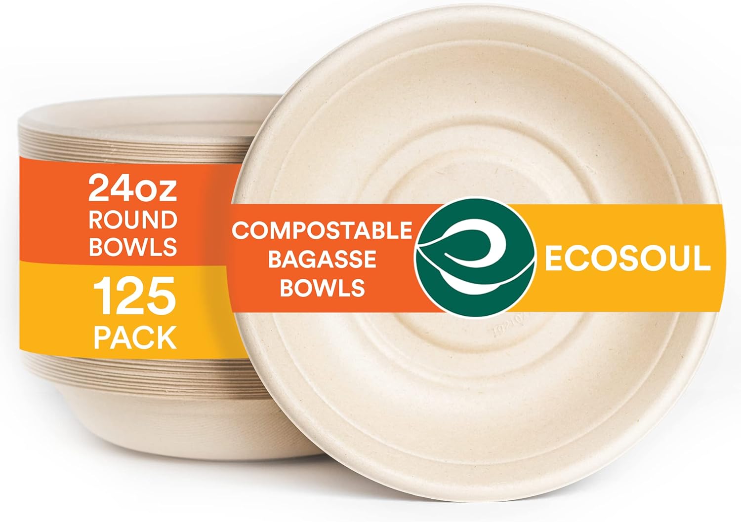 Ecosoul 100% Compostable 24 Oz Soup Bowls [125-Pack] Disposable Dessert Bowls I Heavy Duty Paper ...
