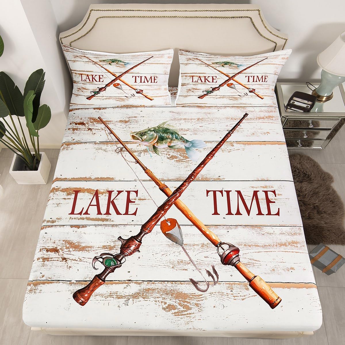 Amazon.com: Fishing Rod Fitted Sheet Queen Lodge Cabin Creamy White ...