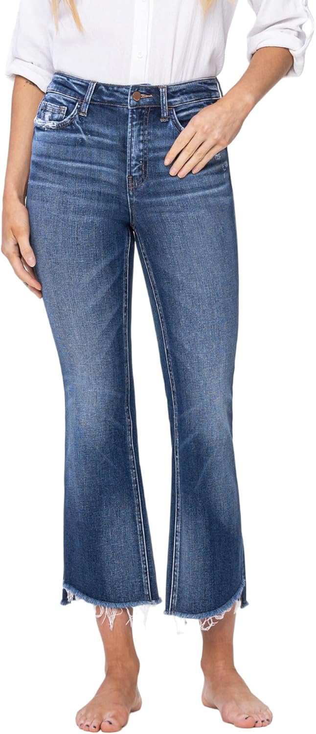 Flying Monkey High Rise Step Hem Cropped Flare Jeans Dark Blue F5245-30 ...