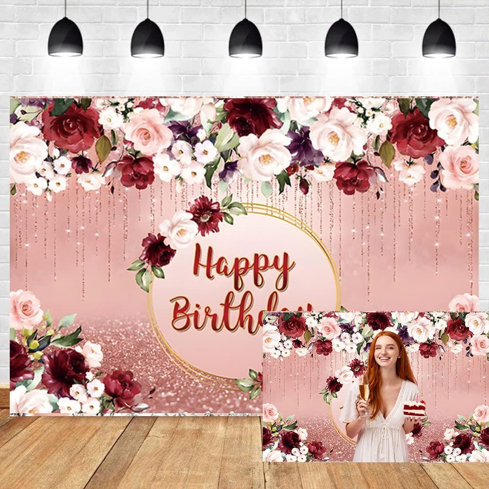 Amazon.com : OERJU Floral Birthday Backdrop Burgundy Flowers Rose Gold ...