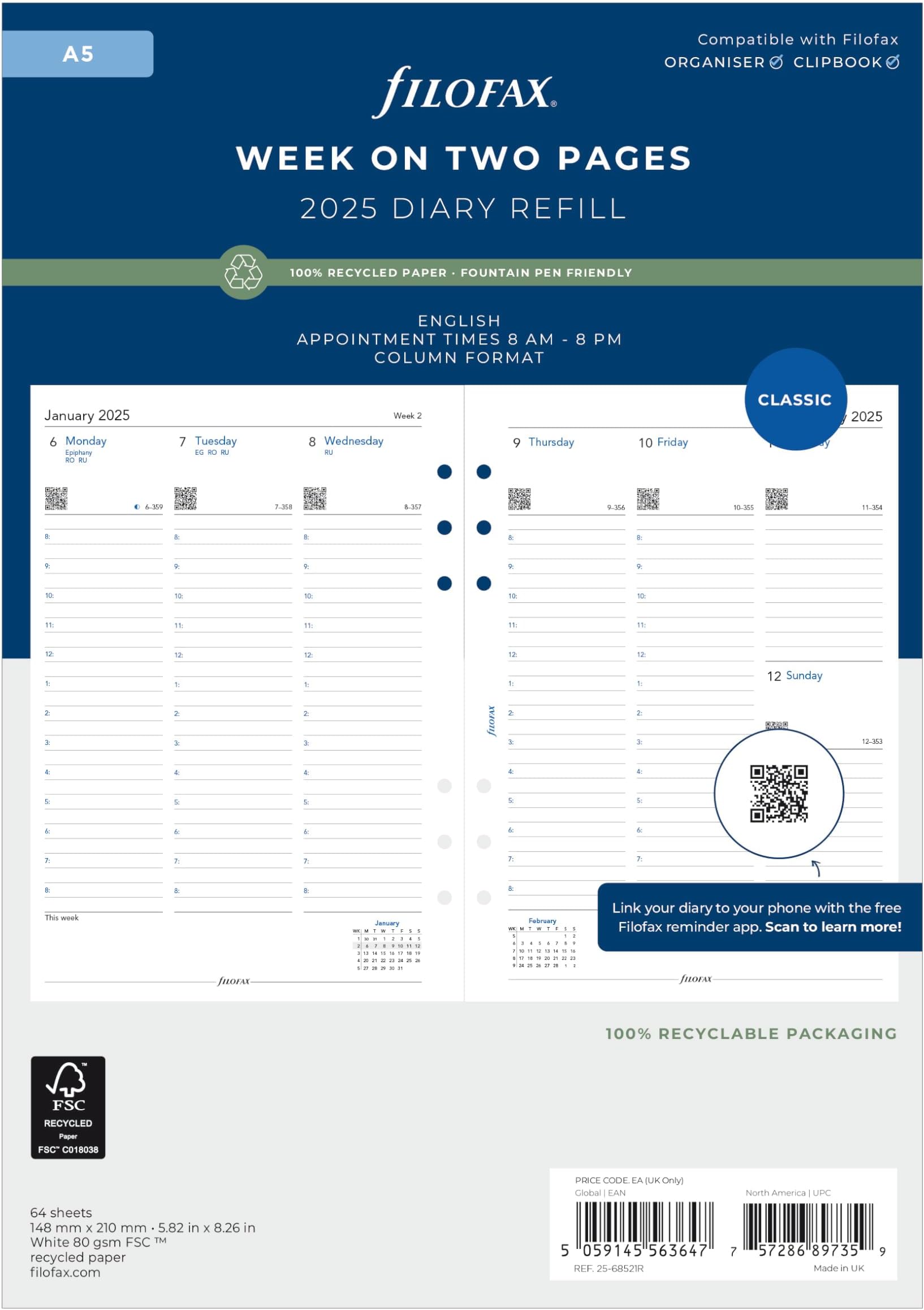 Amazon.com : Filofax Calendar Diary Refill, A5 Size, Week-to-View with ...