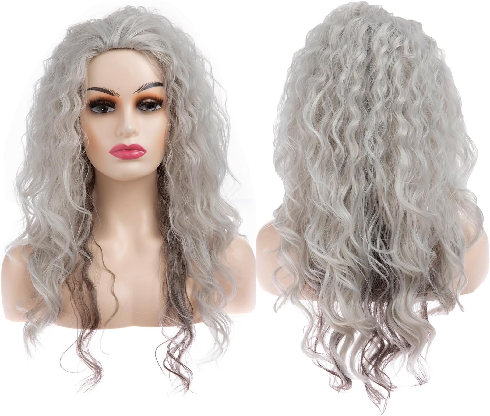 Amazon.com : Sallcks Womens Long Curly Grey Wig 2 Tones Natural Curly ...