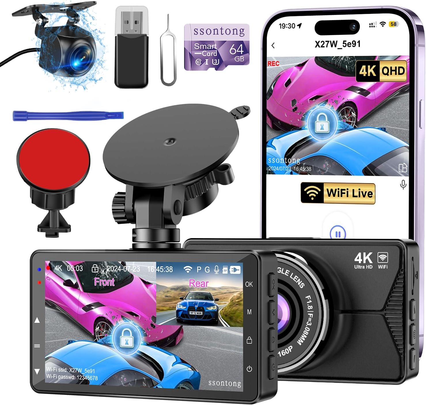 Amazon.com: WDHOICAR 4 Cameras 1080P Dash Cam 4 Lens 3 Inch IPS Screen ...