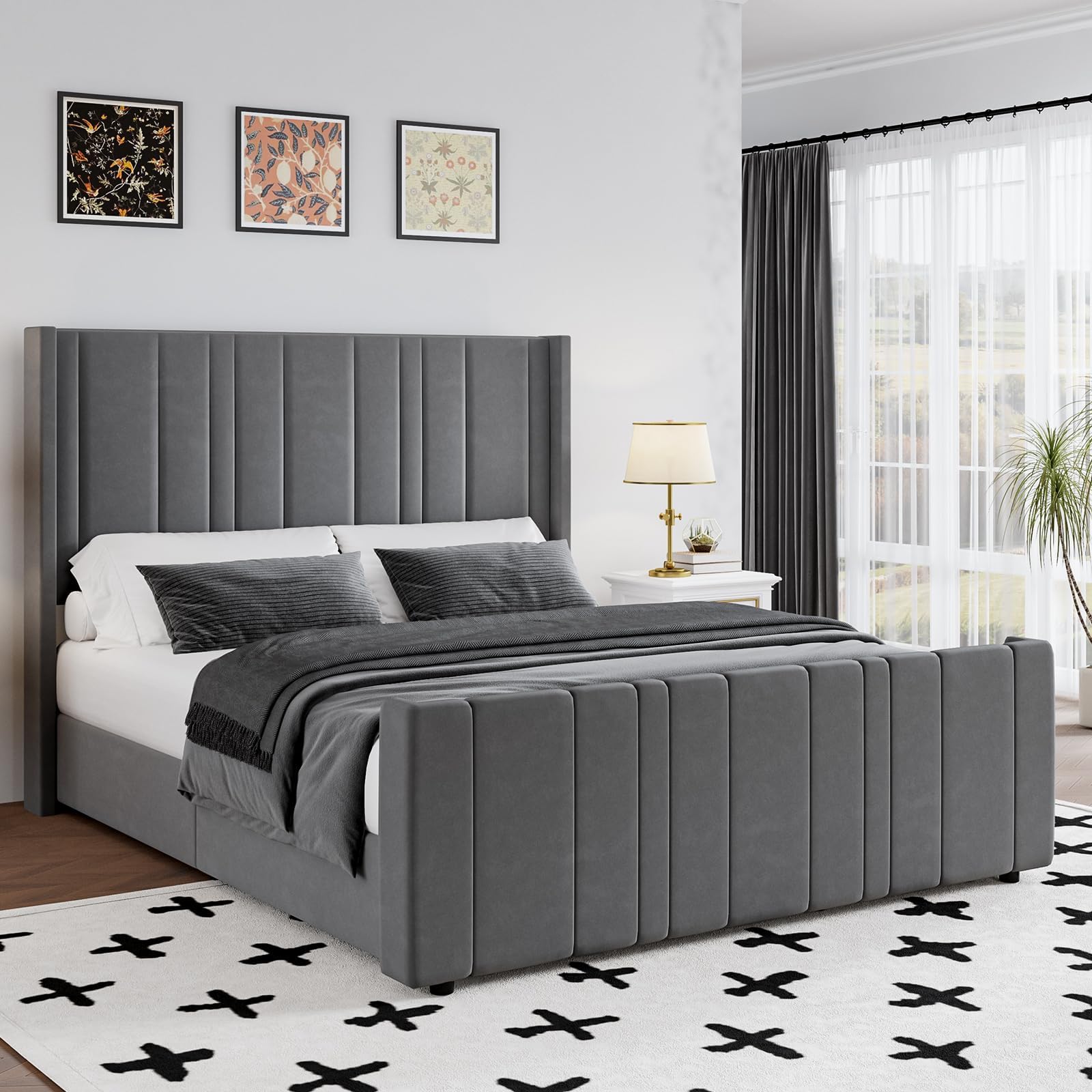 Amazon.com: HOMBCK Full Size Bed Frame with Headboard, Modern Grey ...