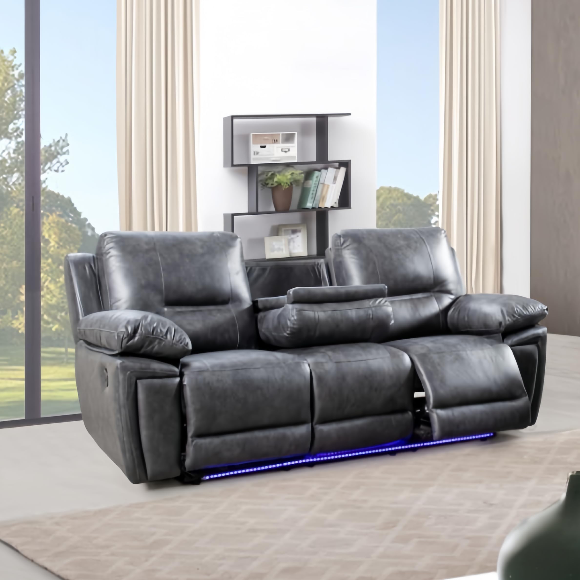 Oxford Leather Electric Recliner Corner Sofa with Cupholders - USB ...