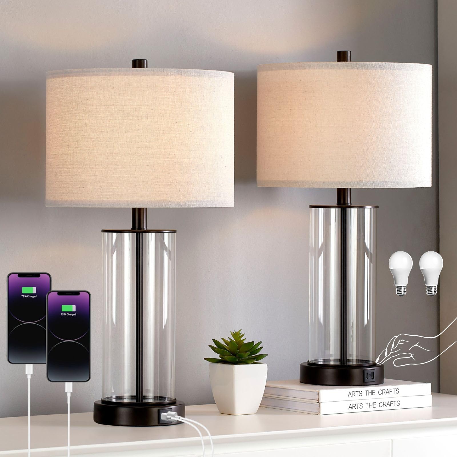 Maxax Glass Table Lamps Set of 2, 3 Way Dimmable Clear Seeded Glass ...