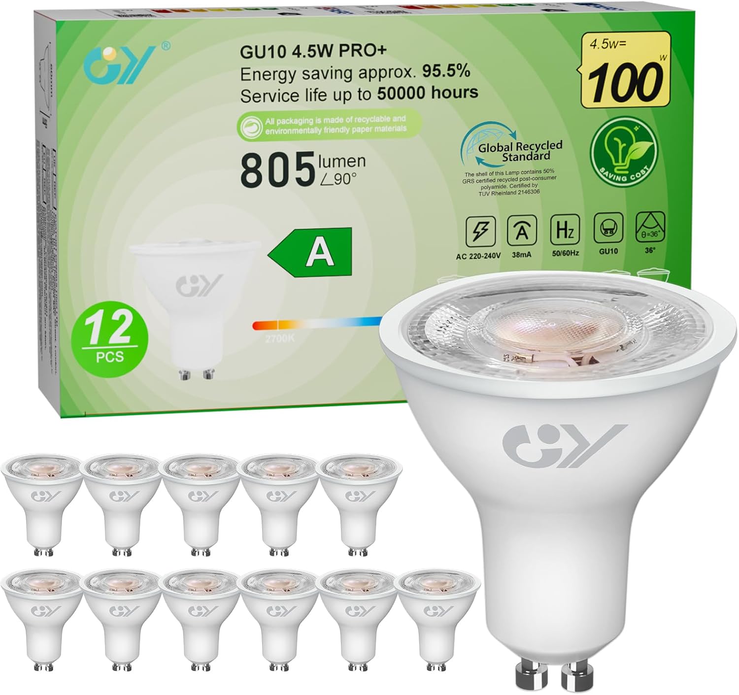 GY GU10 Spotlight 36° Beam Angle LED Bulbs Energy Efficiency Class A ...