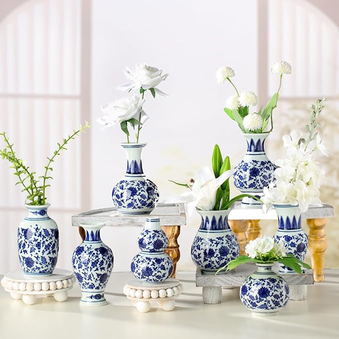 Amazon.com: Dandat 8 Pcs Mini Chinoiserie Bud Vases Ceramic Blue and White Floral Chinese ...