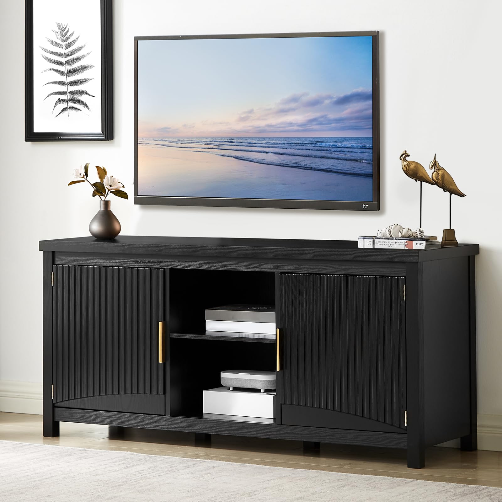Amazon.com: Unovivy 51" Black Fluted TV Stand with Storage, Mid Century ...