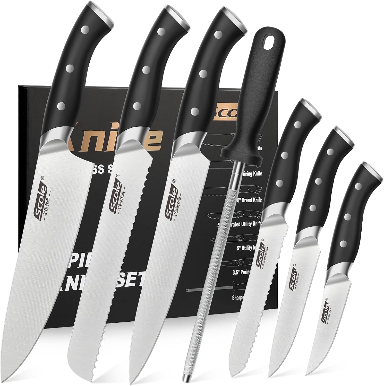 SCOLE Knife Set, Razor Sharp Kitchen Knife Set 7 Pieces with Sharpening ...