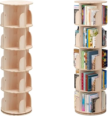 Esyogen Rotating Bookshelf Cylindrical Wooden Book Rack 6 Tier Plants ...