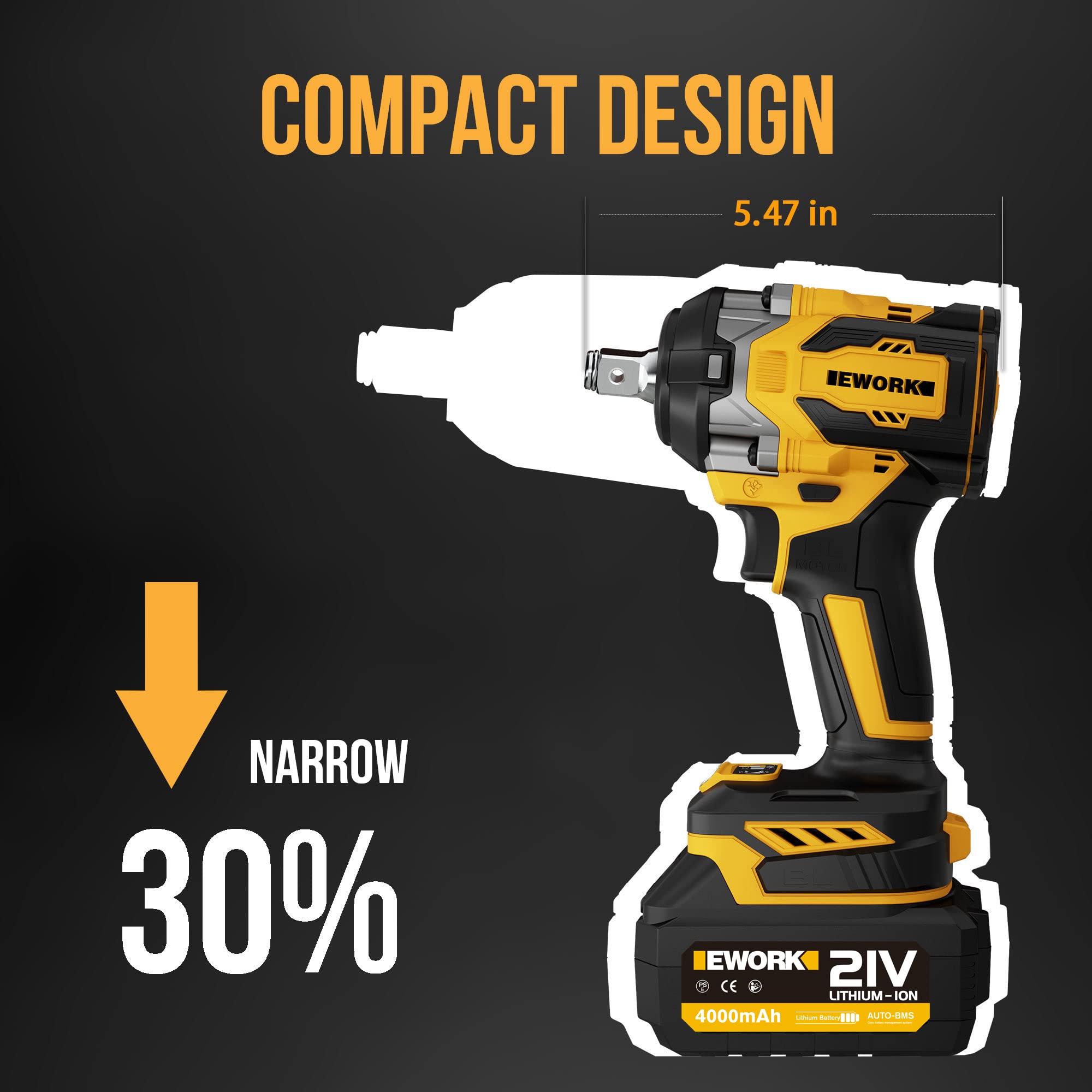EWORK Cordless Impact Wrench 21V Brushless Compact 1/2 Impact Gun Max ...