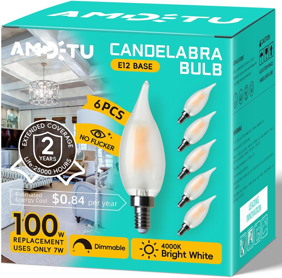 E12 100W Equivalent LED Candelabra Bulb, Cool White 6000K, Dimmable ...