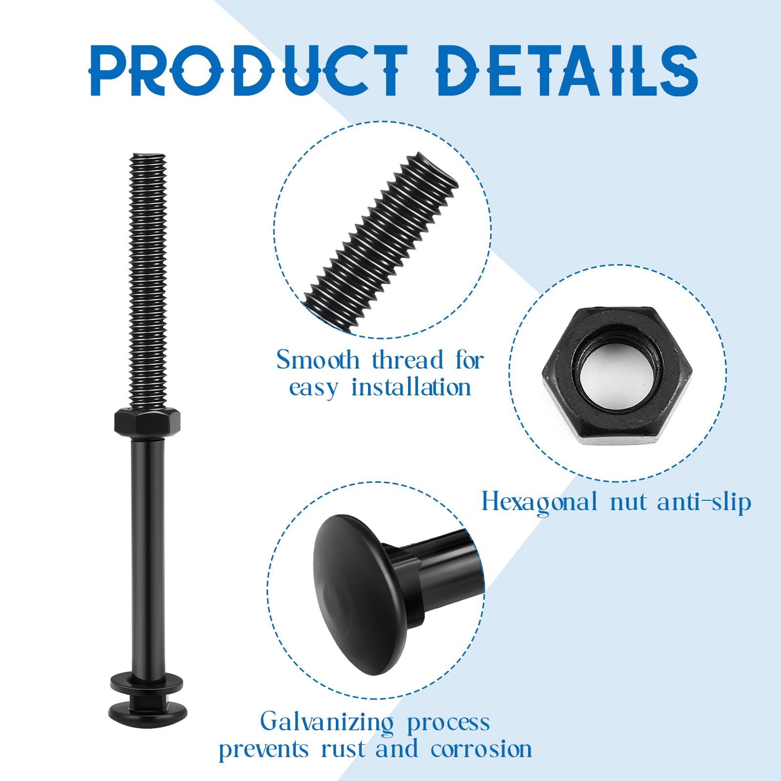 Snapklik.com : 12 Sets 3/8 X 6 Inch Black Carriage Bolt Kit Galvanized ...