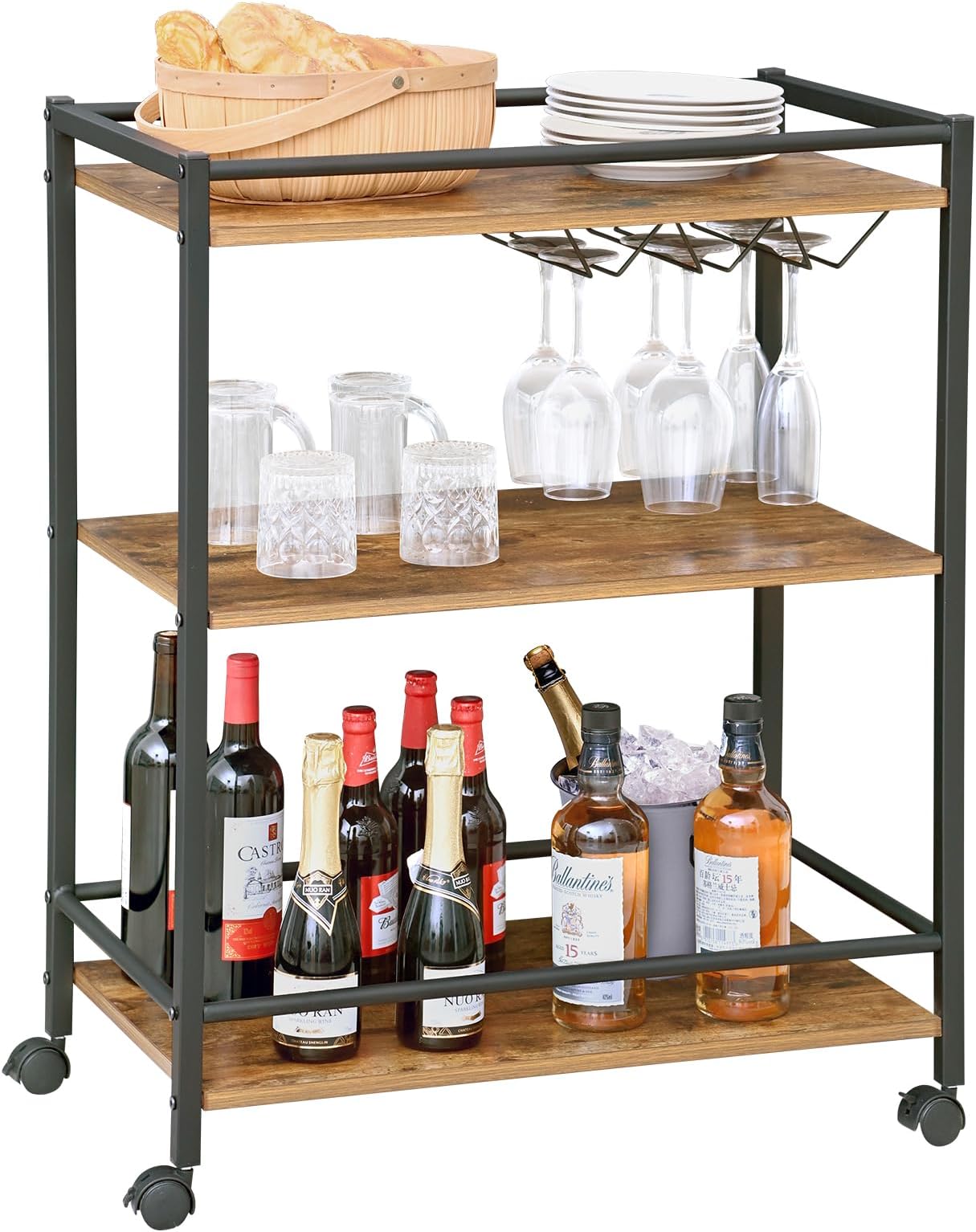 H JINHUI Drinks Trolley, 3 Tier Bar Cart with Lockable Wheels, Serving ...