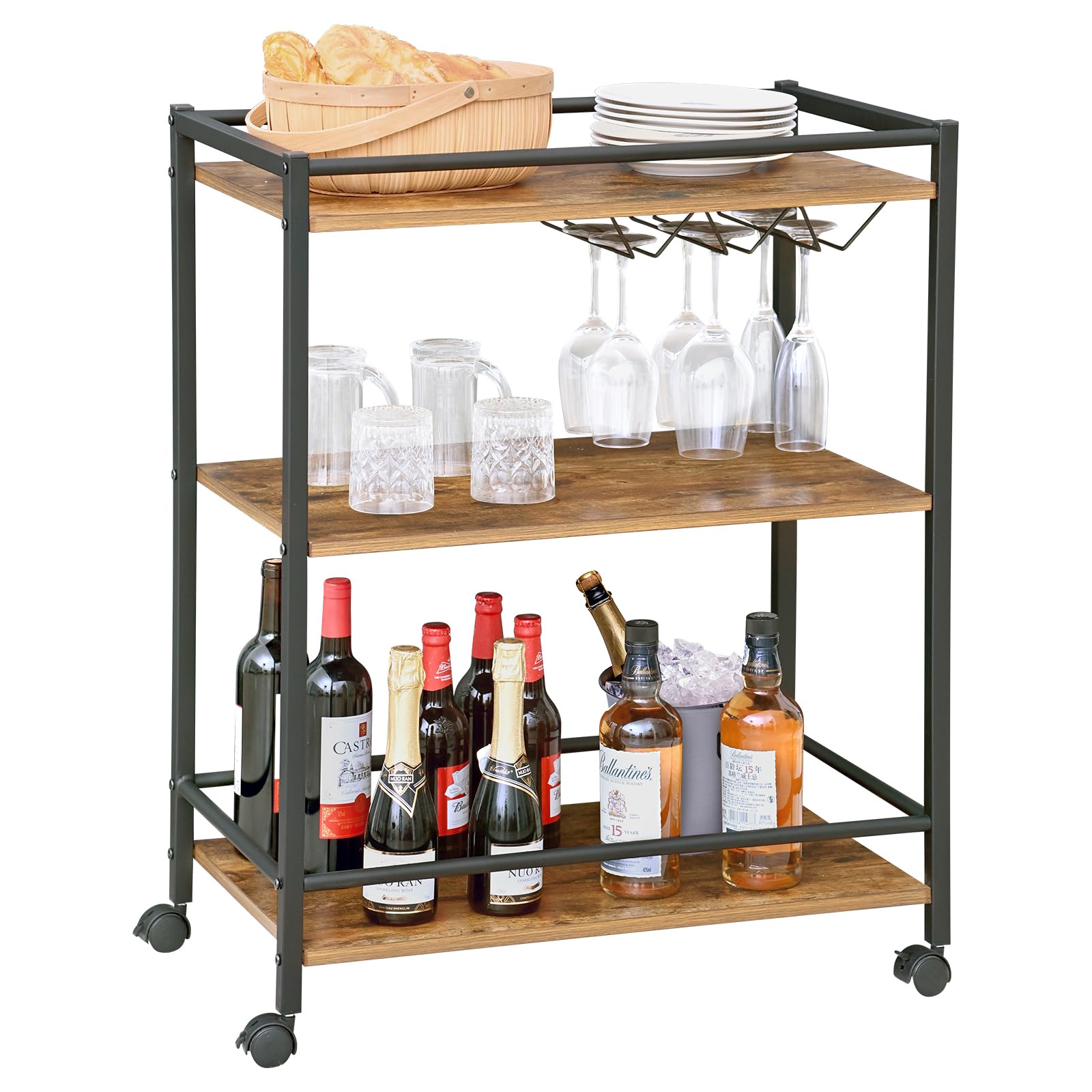 H JINHUI Drinks Trolley, 3 Tier Bar Cart with Lockable Wheels, Serving ...