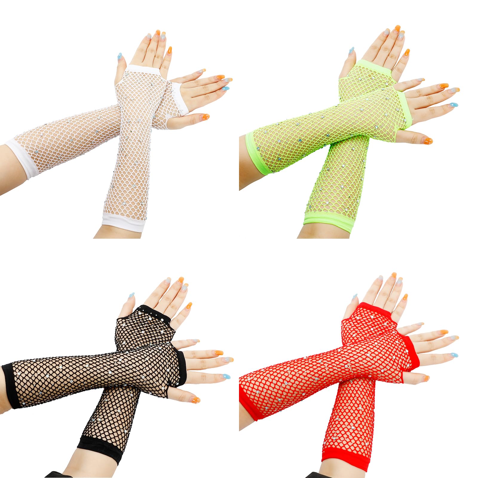 Amazon.com: 4 Pairs Women Fishnet Rhinestone Gloves Long Fingerless ...