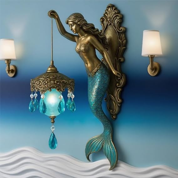 Mermaid Wall Lamp, 8 Inch Ocean-Themed Bronze Fixture, Antique Bedroom ...