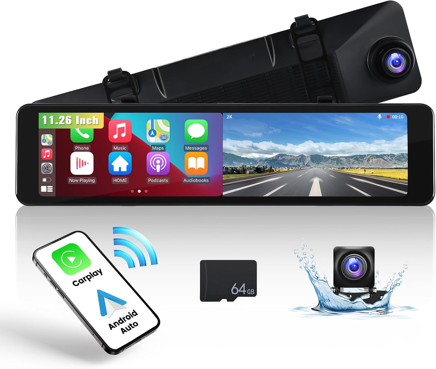 Amazon.com: Mirror Dash Cam with Wireless Apple CarPlay Android Auto ...